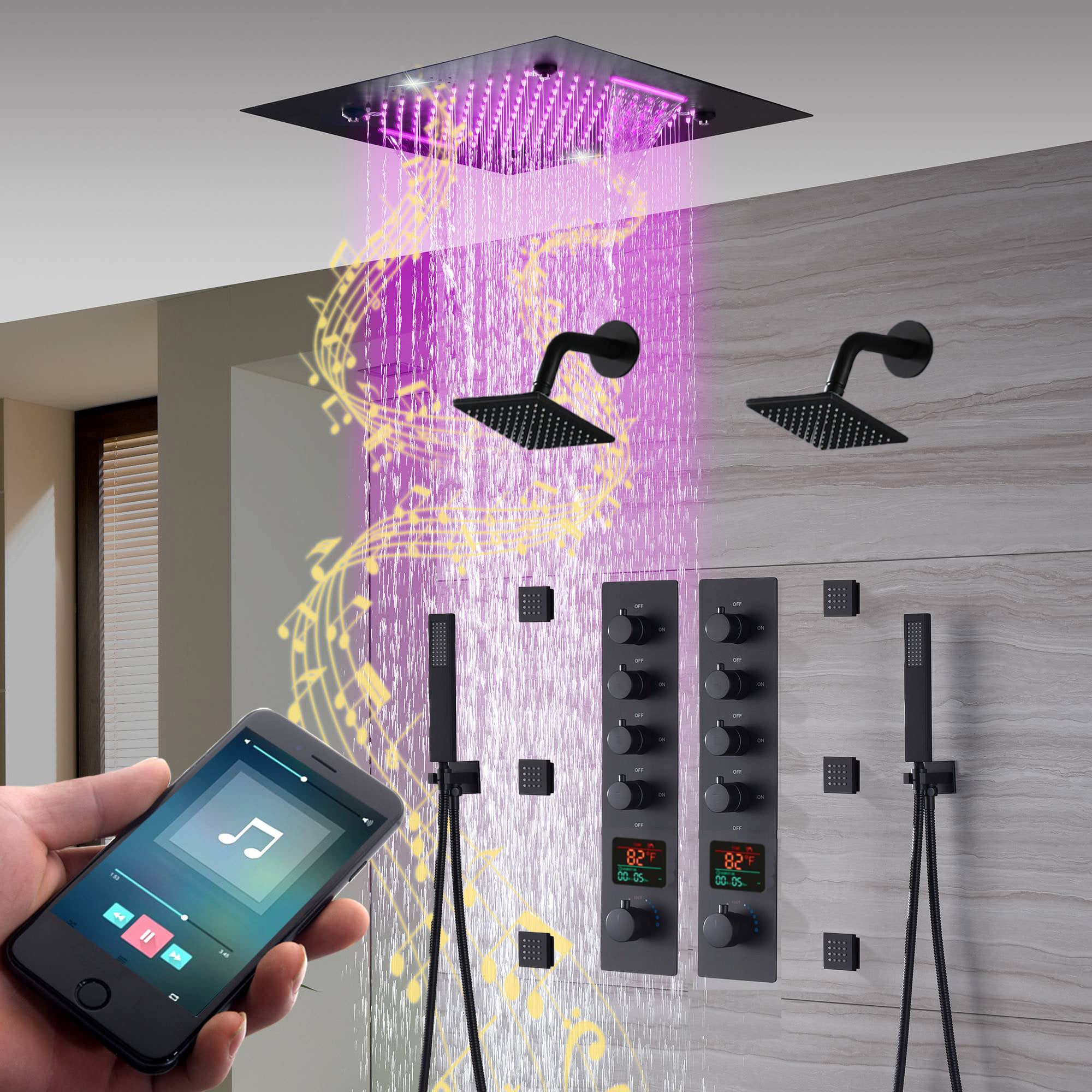 20-Inch Matte Black Rainfall, Waterfall, and Mist Shower System with L ...