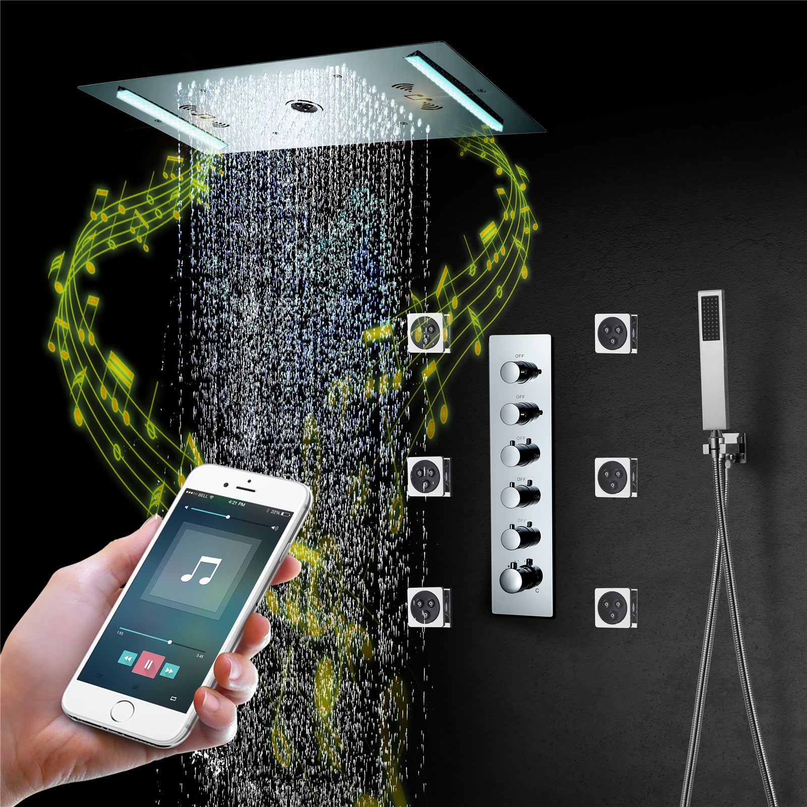 64 LED colors music led flushed in 24x12 inch 3 functions shower head ...