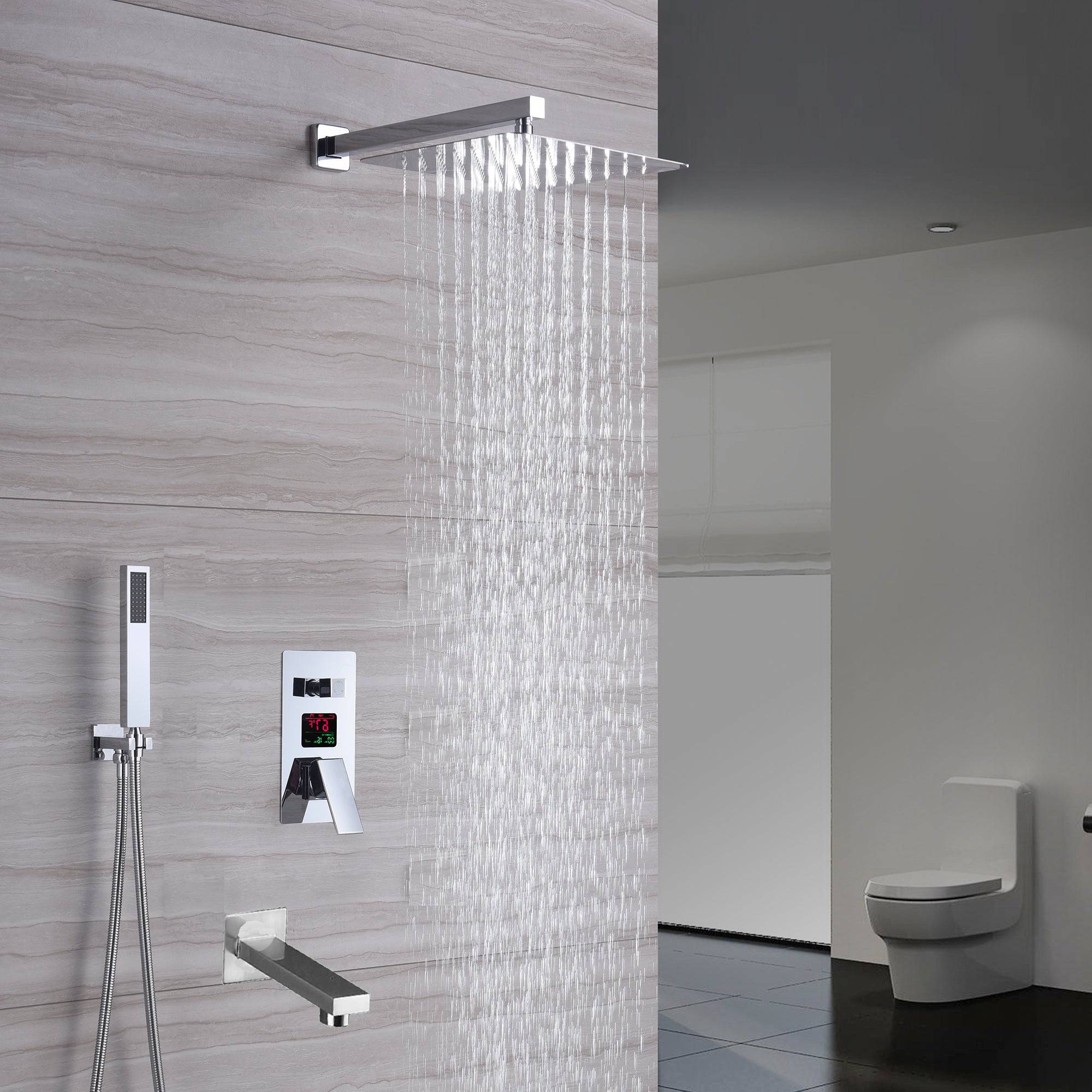 Chrome 3-Way Digital Shower System with 12" or 16" Rain Head: LED Opti ...