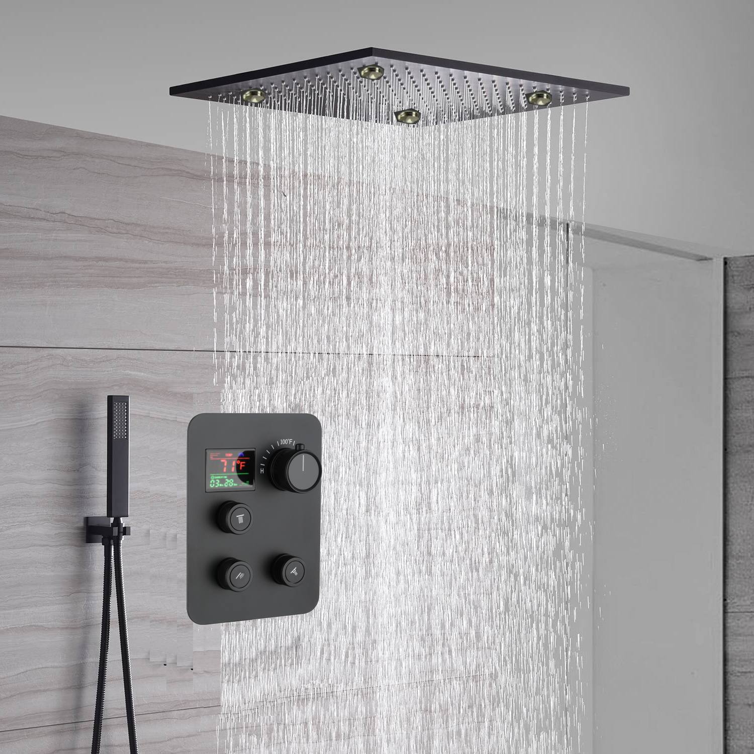 Matte Black 20" LED Rainfall Shower Head with 3-Way Digital Shower Fau ...