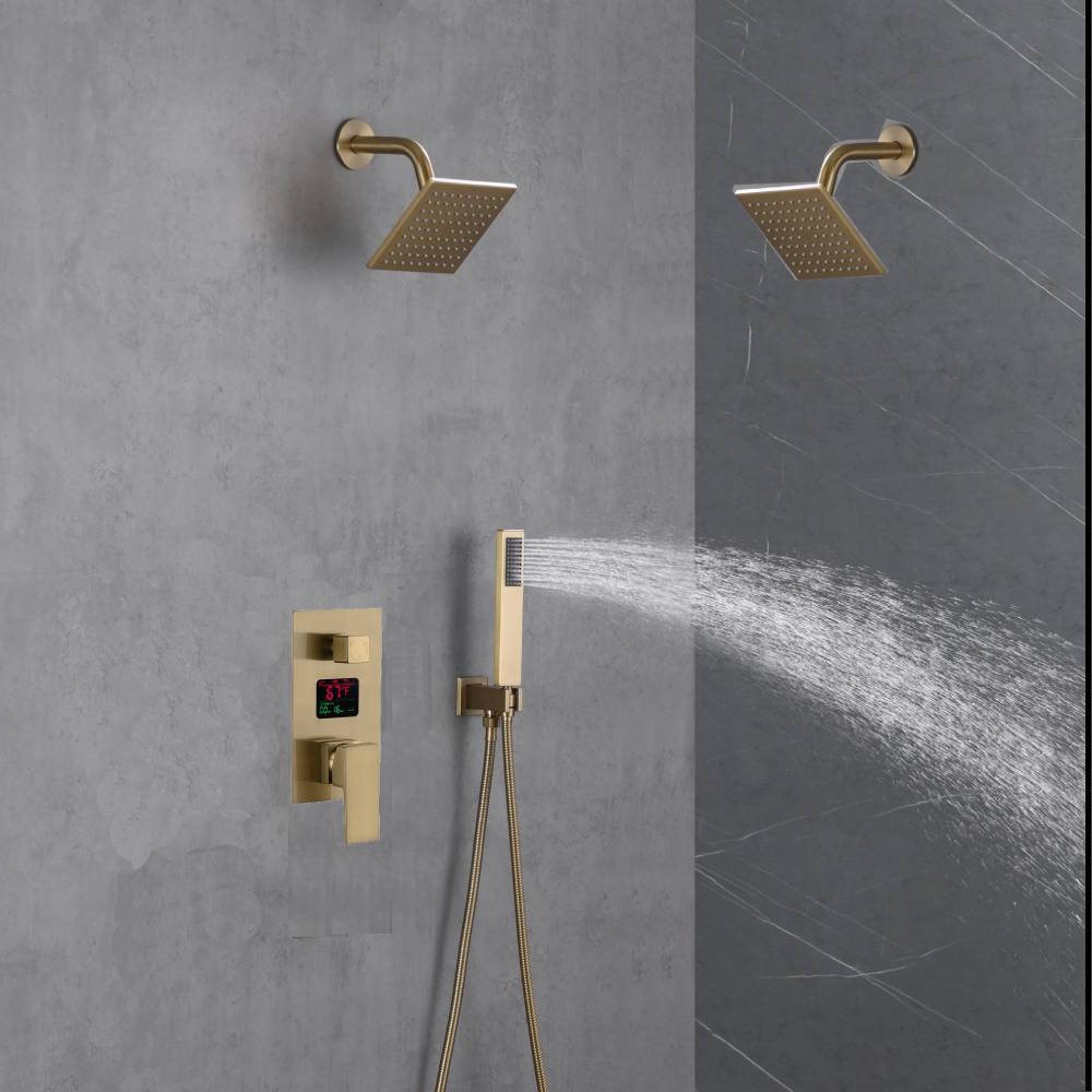 Brushed Gold Wall-Mounted 3-Way Digital Display Shower System: Dual Re ...