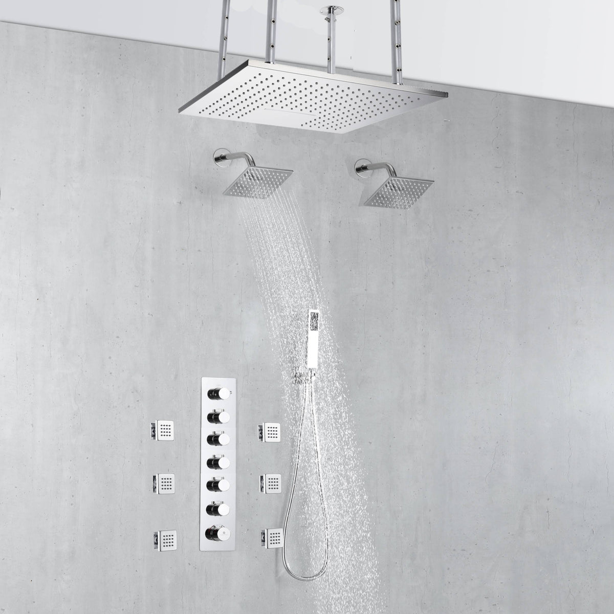 20-Inch Ceiling-Mounted Chrome Thermostatic 6-Way Shower System: Rainf ...