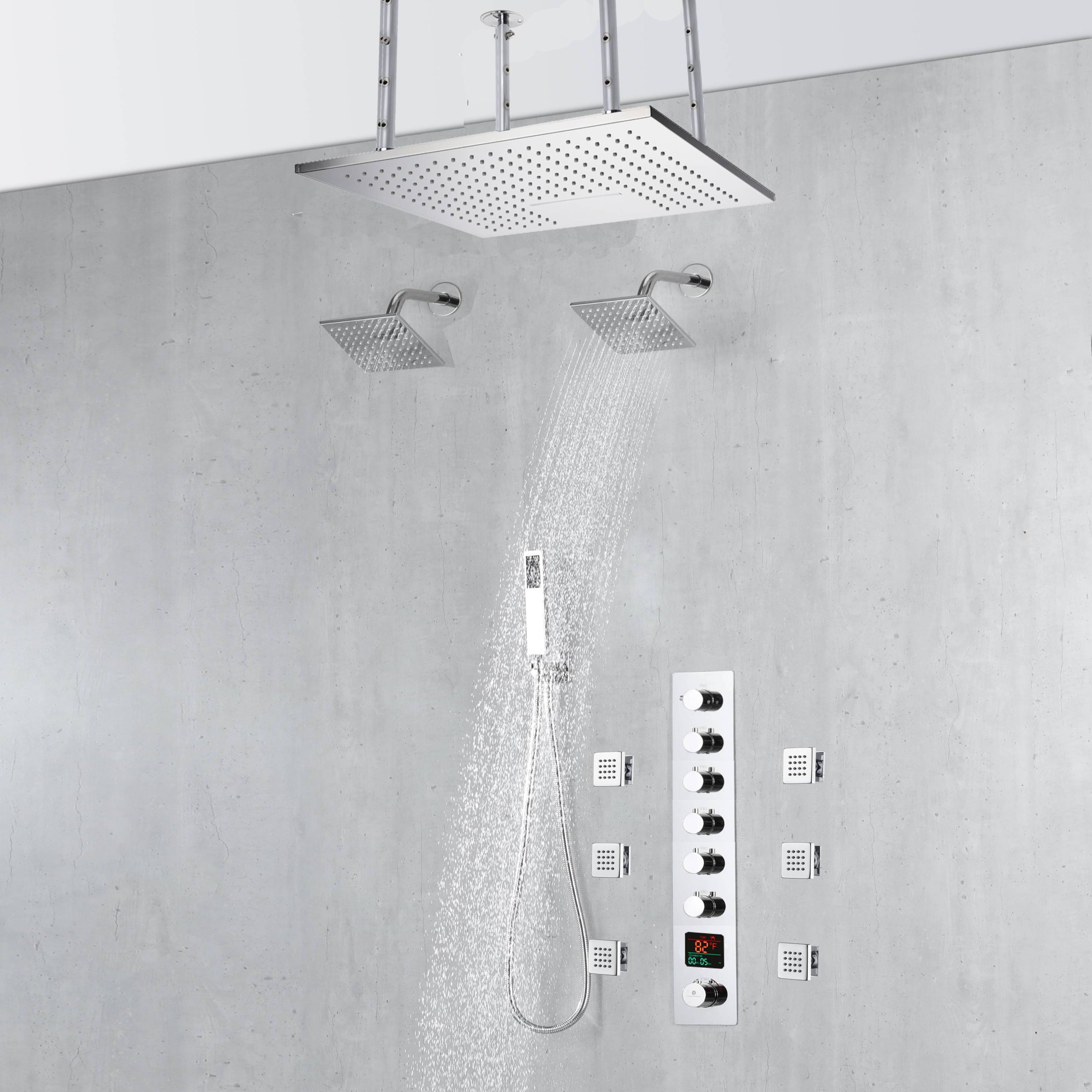20-Inch Ceiling-Mounted Chrome Thermostatic 6-Way Shower System: Rainf ...