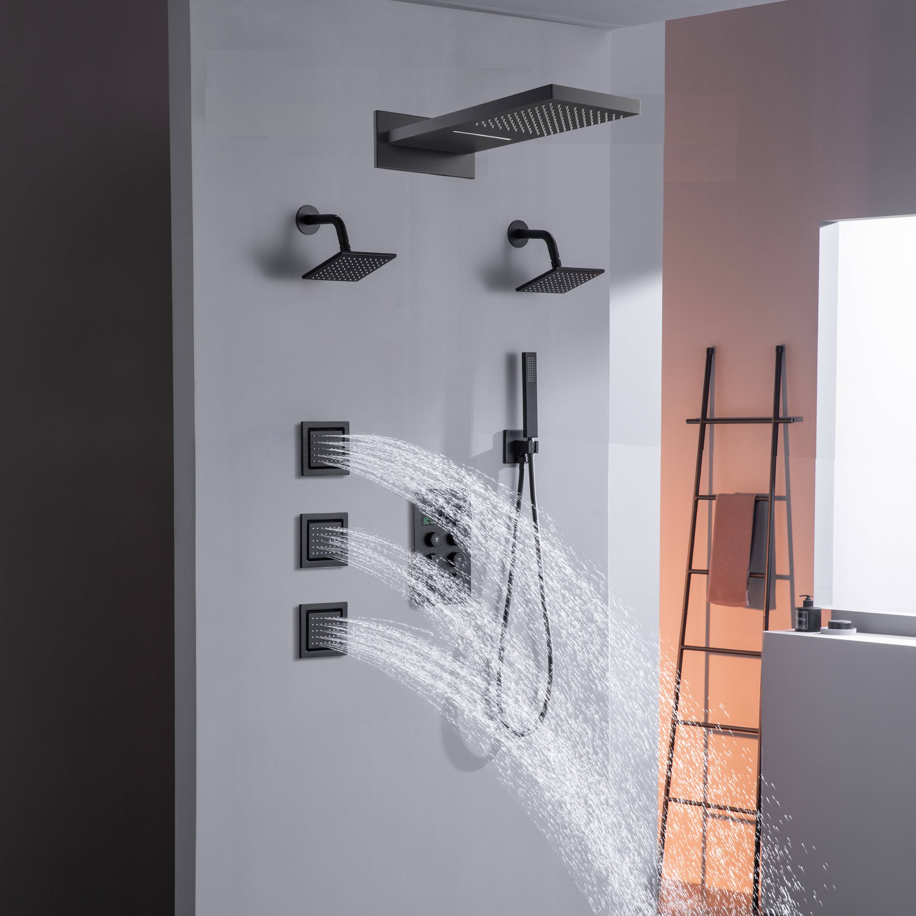 22" Rainfall Waterfall Shower System with 6-Way Thermostatic Faucet, D ...
