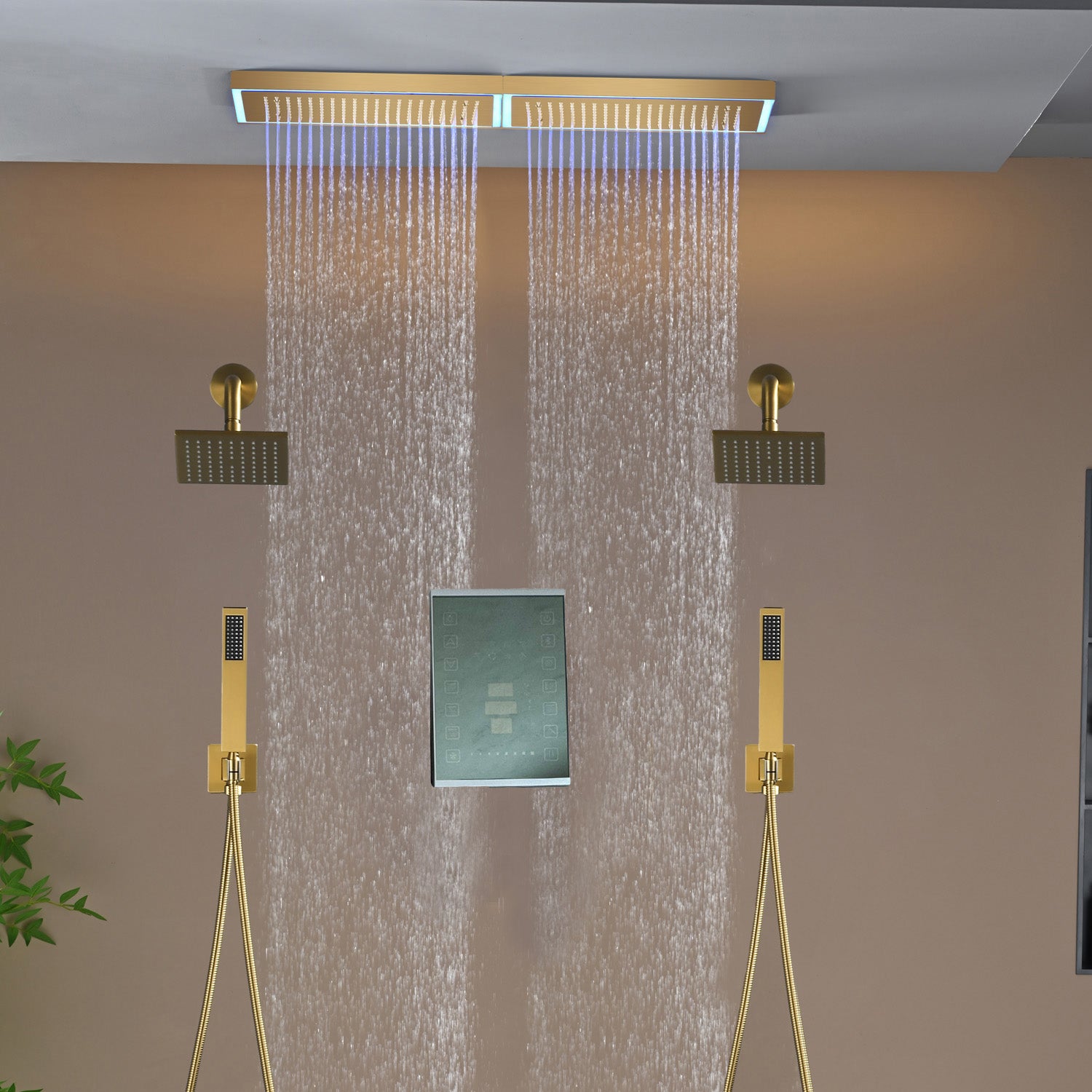 Flush Mount 32 x 8 inch Rainfall 64 LED Light Shower Head with 6-Way D ...