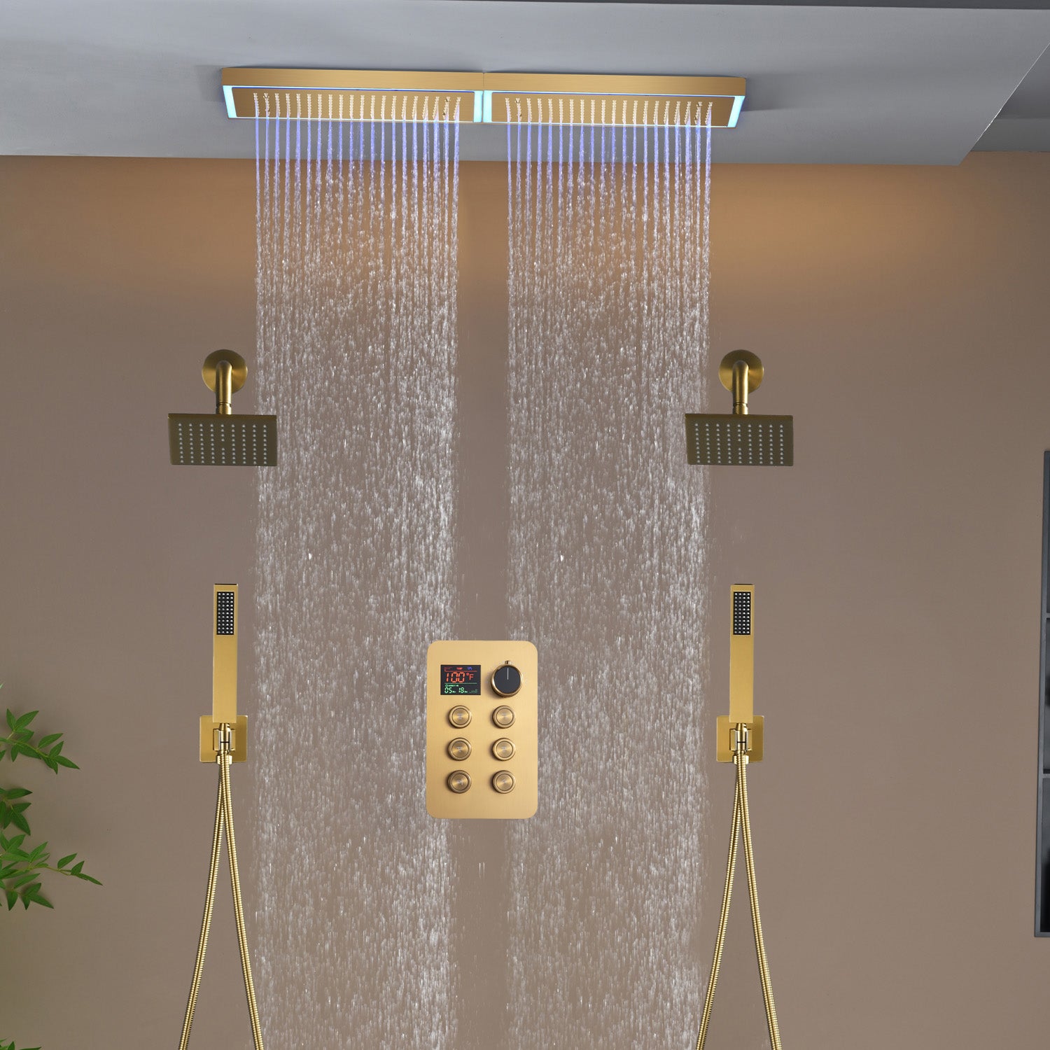Flush Mount 32 x 8 inch Rainfall 64 LED Light Shower Head with 6-Way T ...
