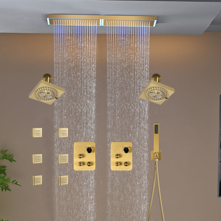 Flush Mount 32 x 8 inch Rainfall 64 LED Light Shower Head with 6-Way T ...