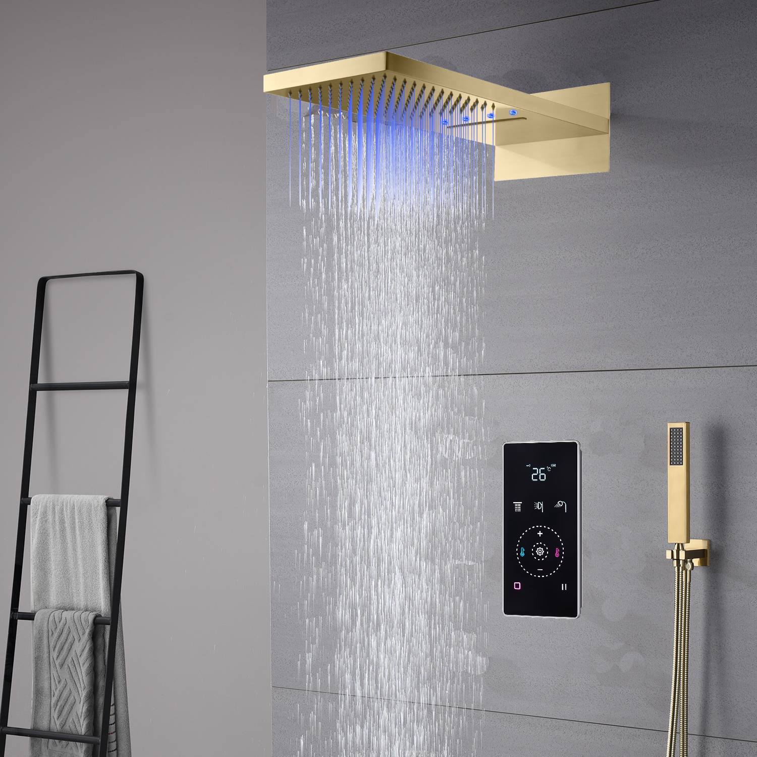 22-Inch Brushed Gold 3 Way Digital Touch Panel Shower Faucet System wi ...