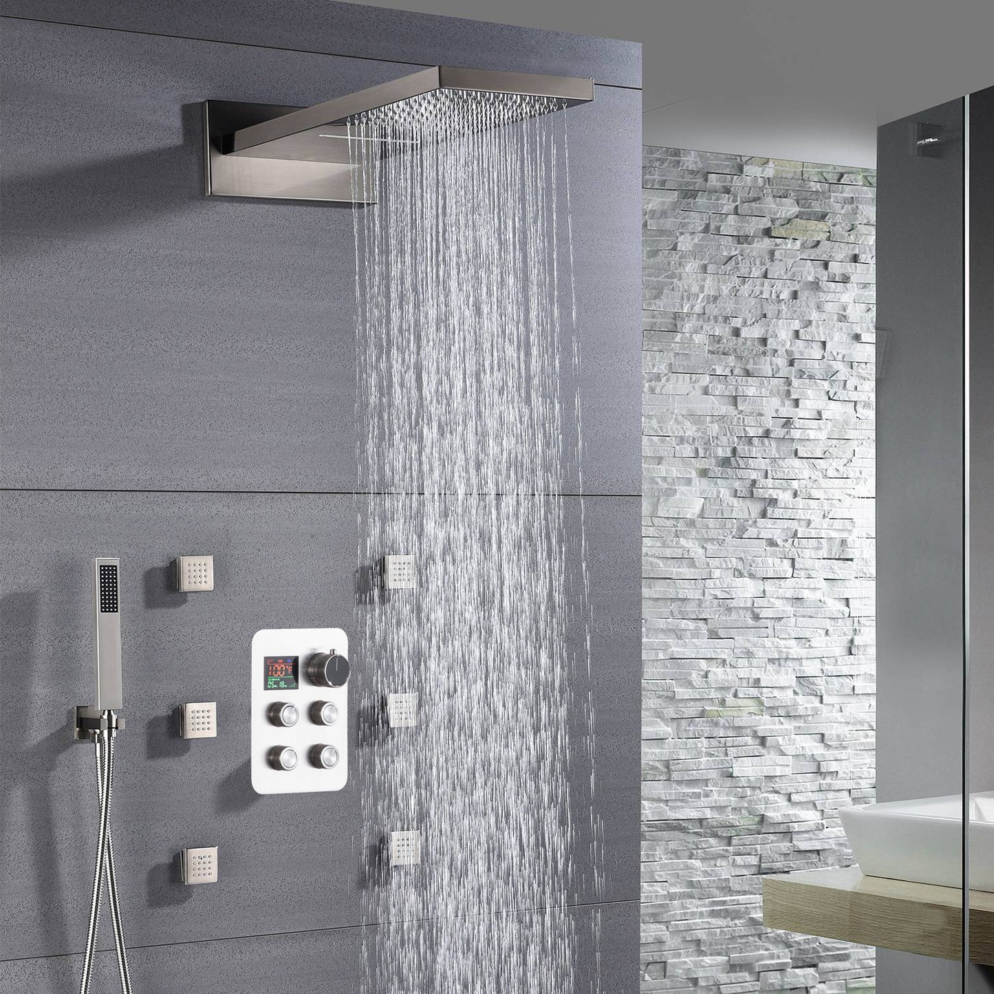 22'' Brushed Nickel Thermostatic Shower System: Waterfall, Rainfall, B ...