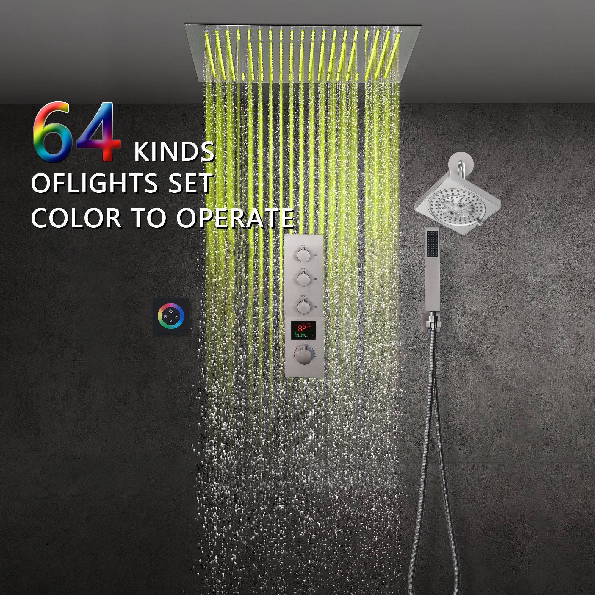 Brushed Nickel 3-Way Thermostatic Shower System with 20-Inch LED Rainf ...