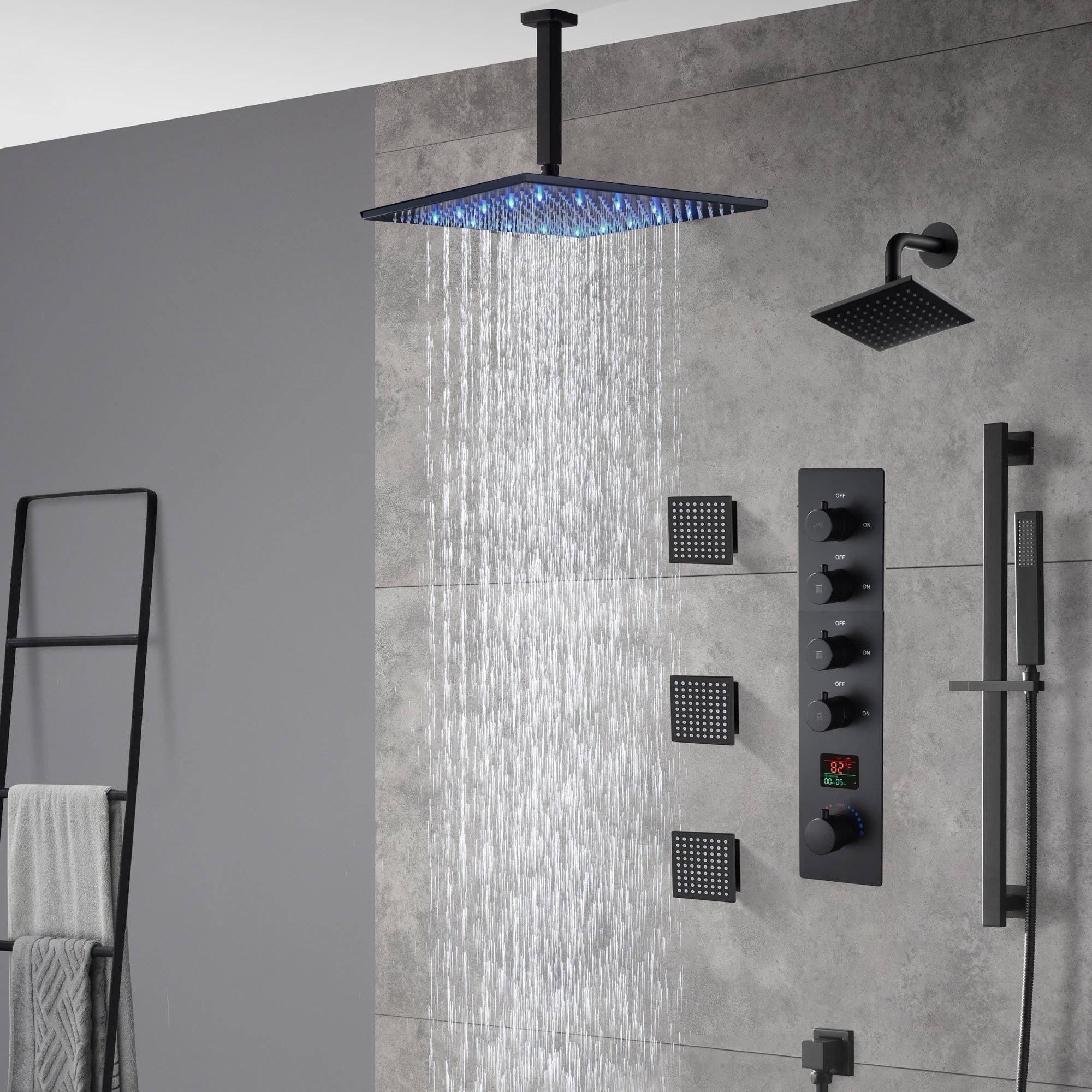 Matte Black Ceiling-Mounted 4-Way Digital Thermostatic Shower System w ...