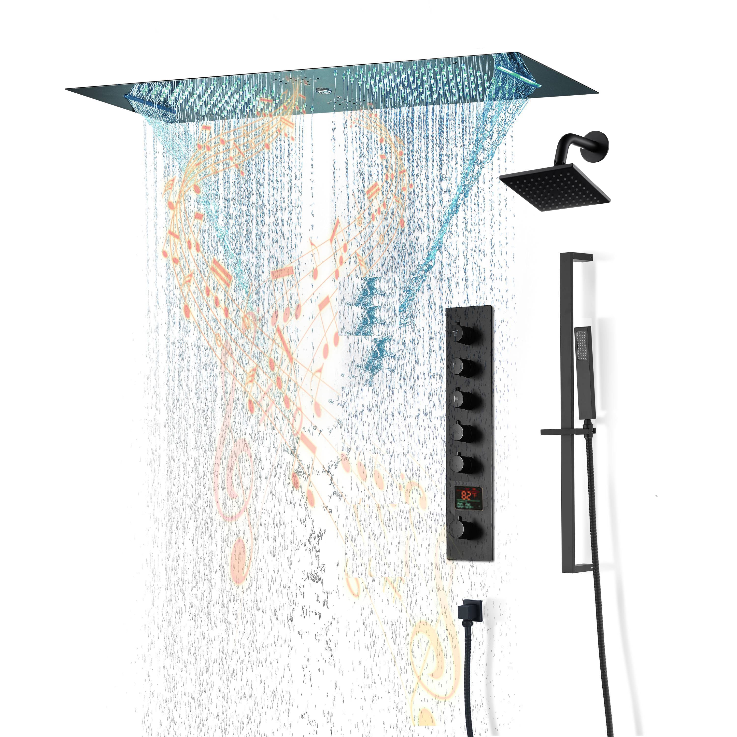 Matte Black 35" Bluetooth Music LED Shower System with Waterfall, 5-Wa ...