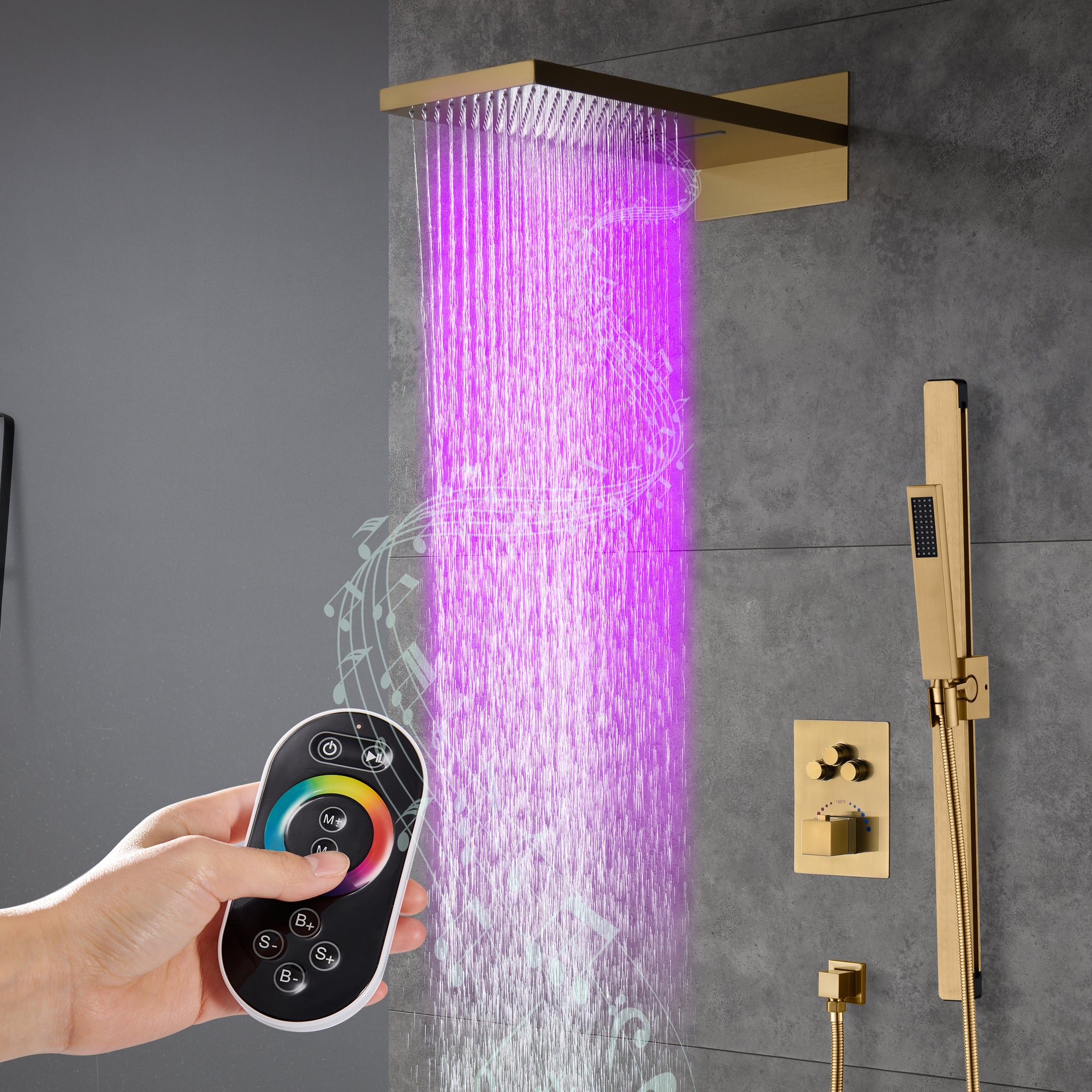 22-Inch Bluetooth Music 64 Led Lights 3-Way Thermostatic Shower Faucet ...