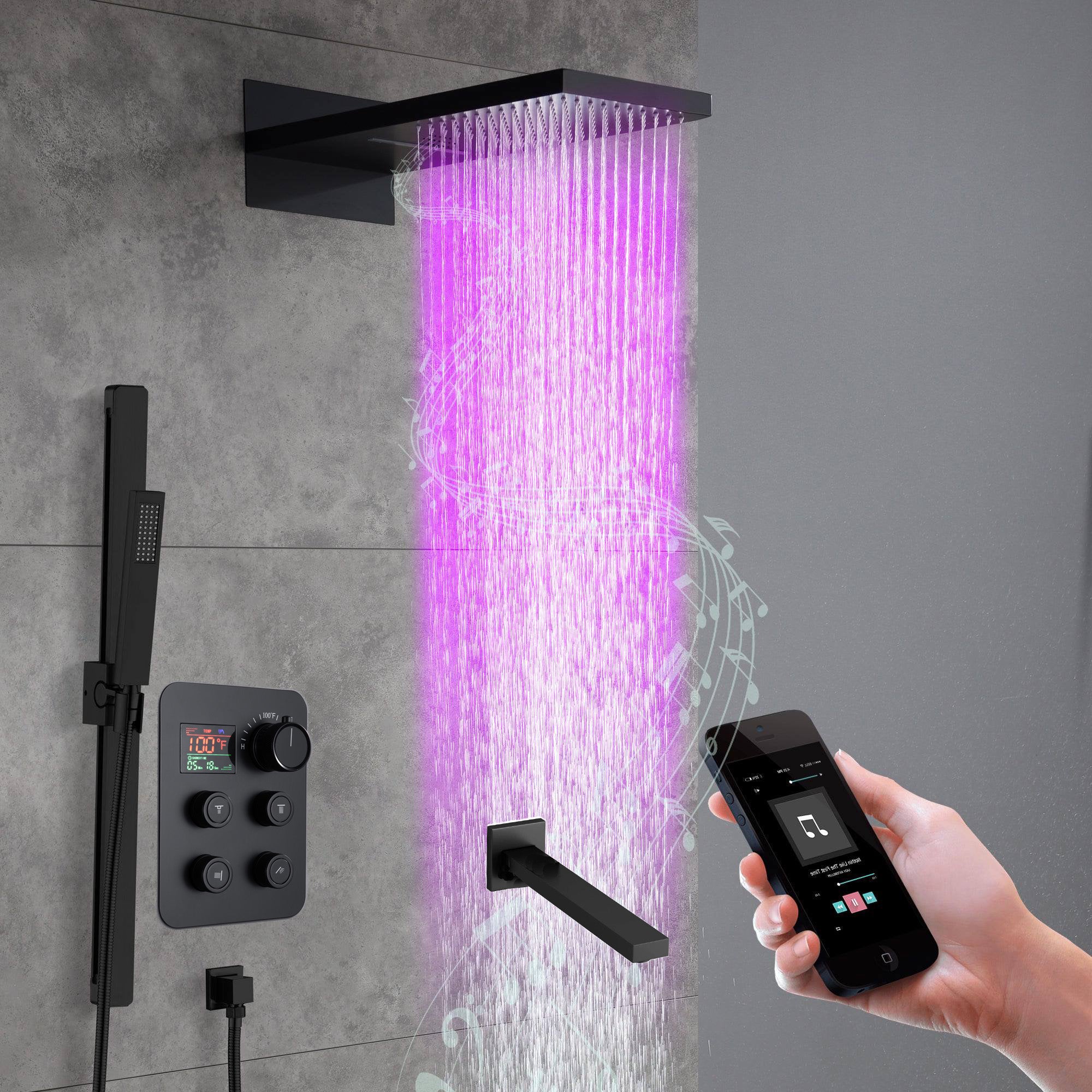 22" Bluetooth Music LED Shower System with 4-Way Thermostatic Faucet a ...