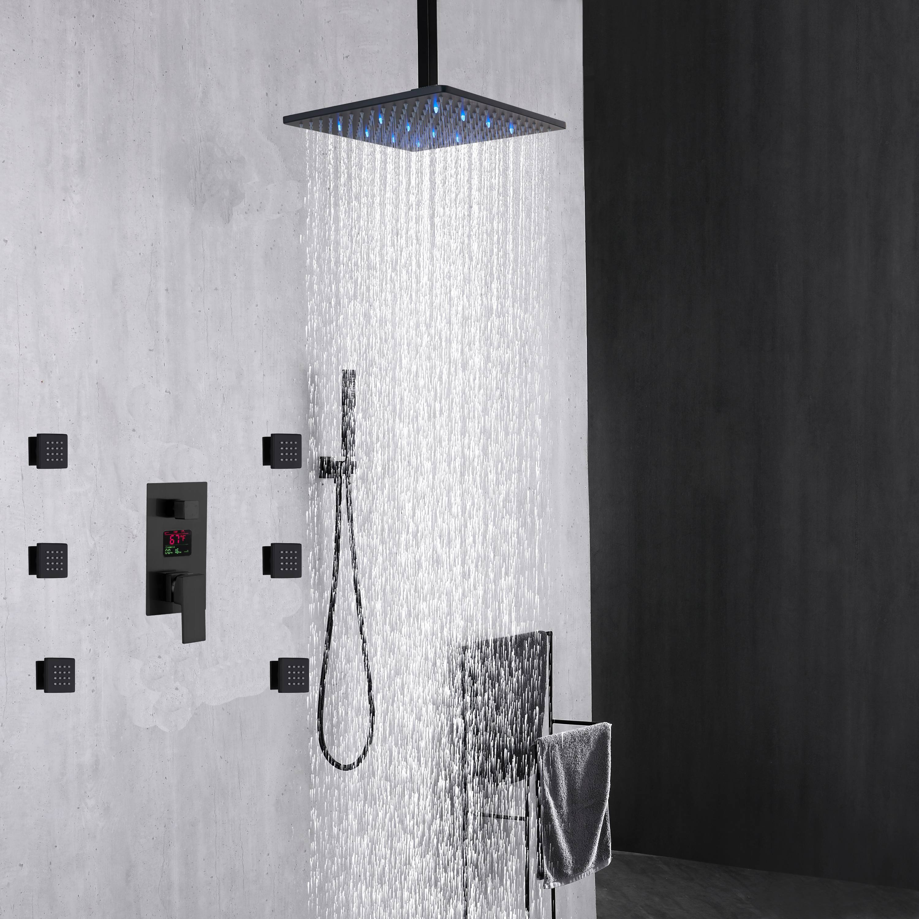 Matte Black LED Rain Shower System: 12" or 16" with 3-Way Digital Disp ...