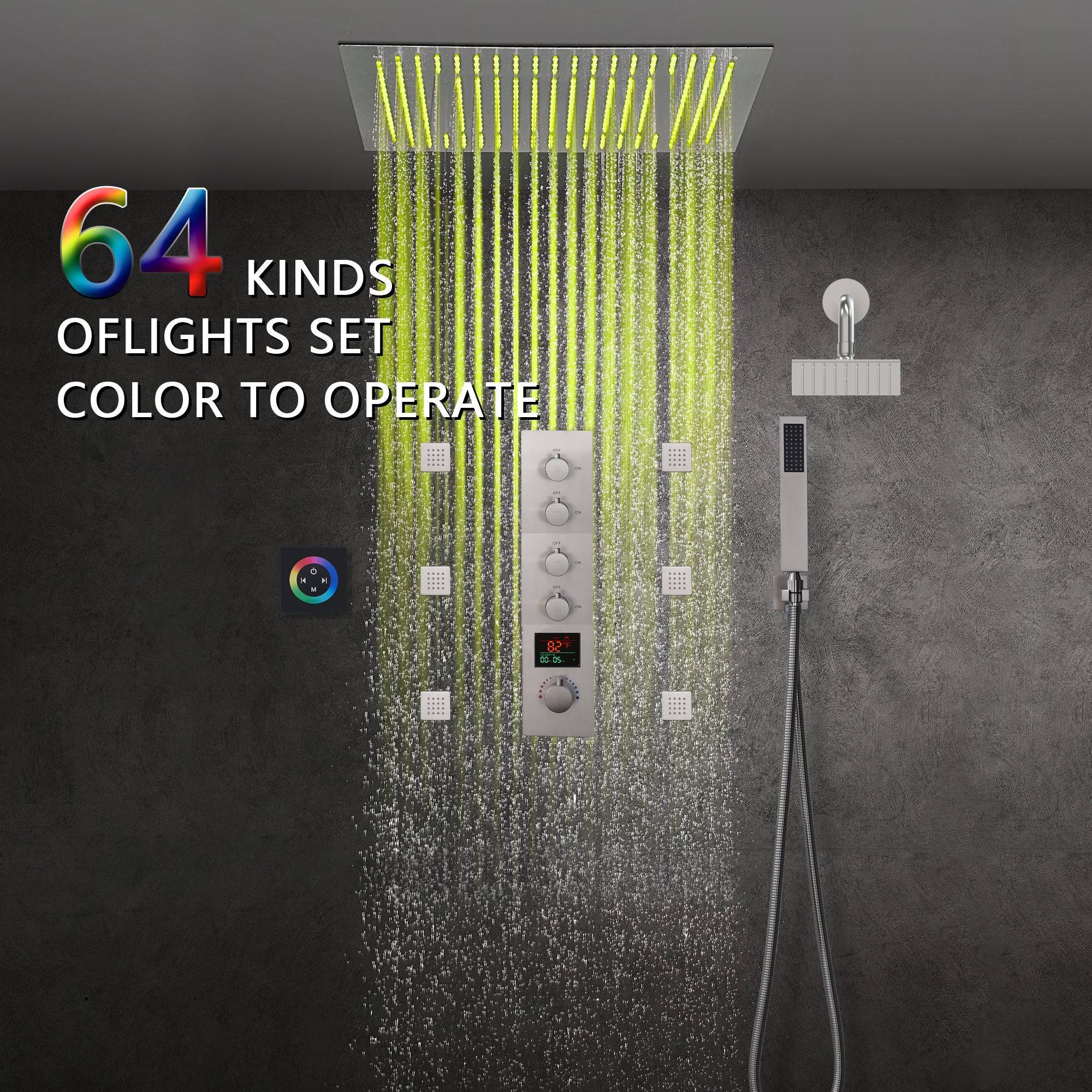 Brushed nickel 64 LED colors 20 inch flushed on rainfall shower system ...