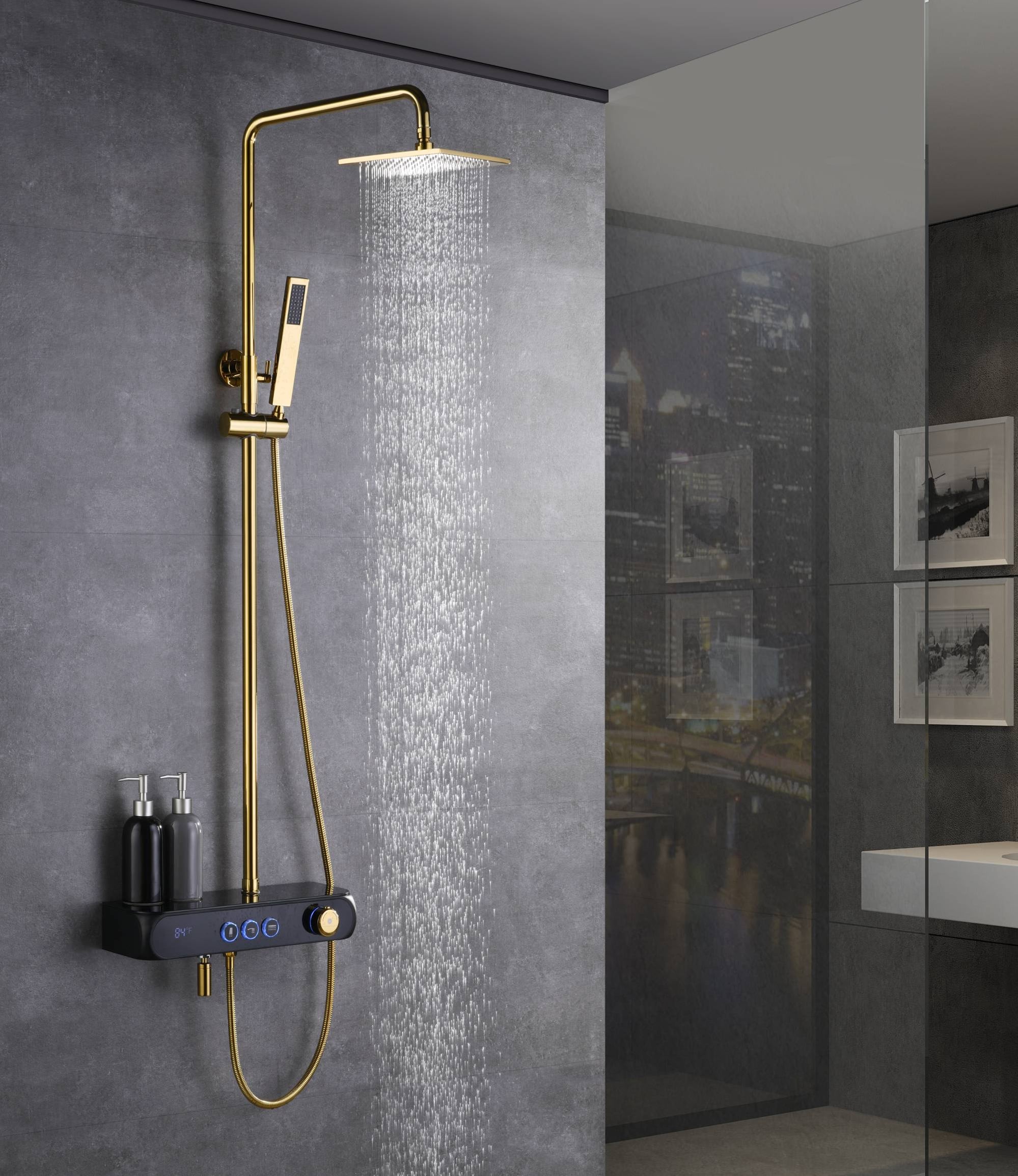 Versatile 3-Function Gold Thermostatic Shower Set with Digital Display ...